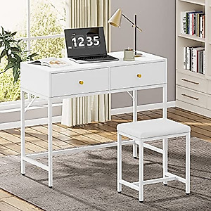 SUPERJARE 35.4" White Desk with 2 Drawers, Modern Makeup Vanity Desk with Padded Stool, Small Computer Desk Home Office Desk for Writing Study Bedroom