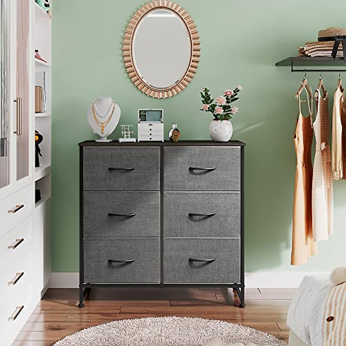 WLIVE Fabric Dresser for Bedroom, 6 Drawer Double Dresser, Storage Tower with Fabric Bins, Chest of Drawers for Closet, Living Room, Hallway, Nursery, Dark Grey