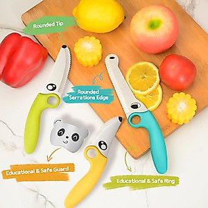 ZLemma Kids Knife Set for Real Cooking with Educational Ring & Panda Finger Guard for Boys & Girls Cutting, Kids Chef Knife Stainless Steel Blade for Kitchen Cutting-Cool-toned