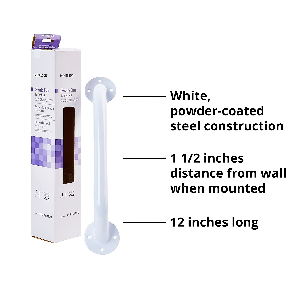 McKesson Grab Bar for Bathtub and Showers, Streel, White, 12 in L, 1 Count