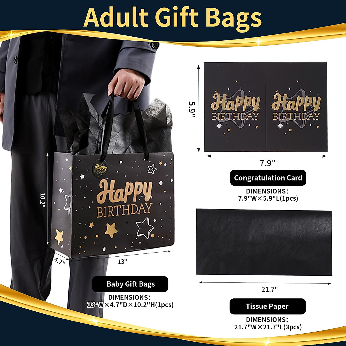 Powbrace Black Birthday Gift Bag with Tissue Paper and Greeting Card, 13'x10.2'x4.9', Medium (1-Piece Set, Black Starry Sky, Unisex, Includes Card, Ribbon, Crinkle Paper)
