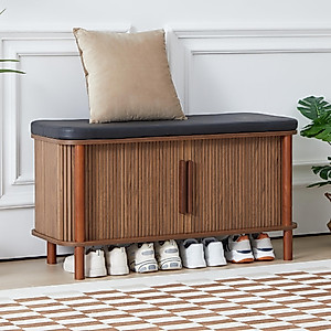 NVETHM Shoe Bench, Shoe Storage Bench with Leather Cushion and Sliding Door, Modern Shoe Organizer Cabinet for Living Room, Bedroom, Entryway, Hallway (Walnut)