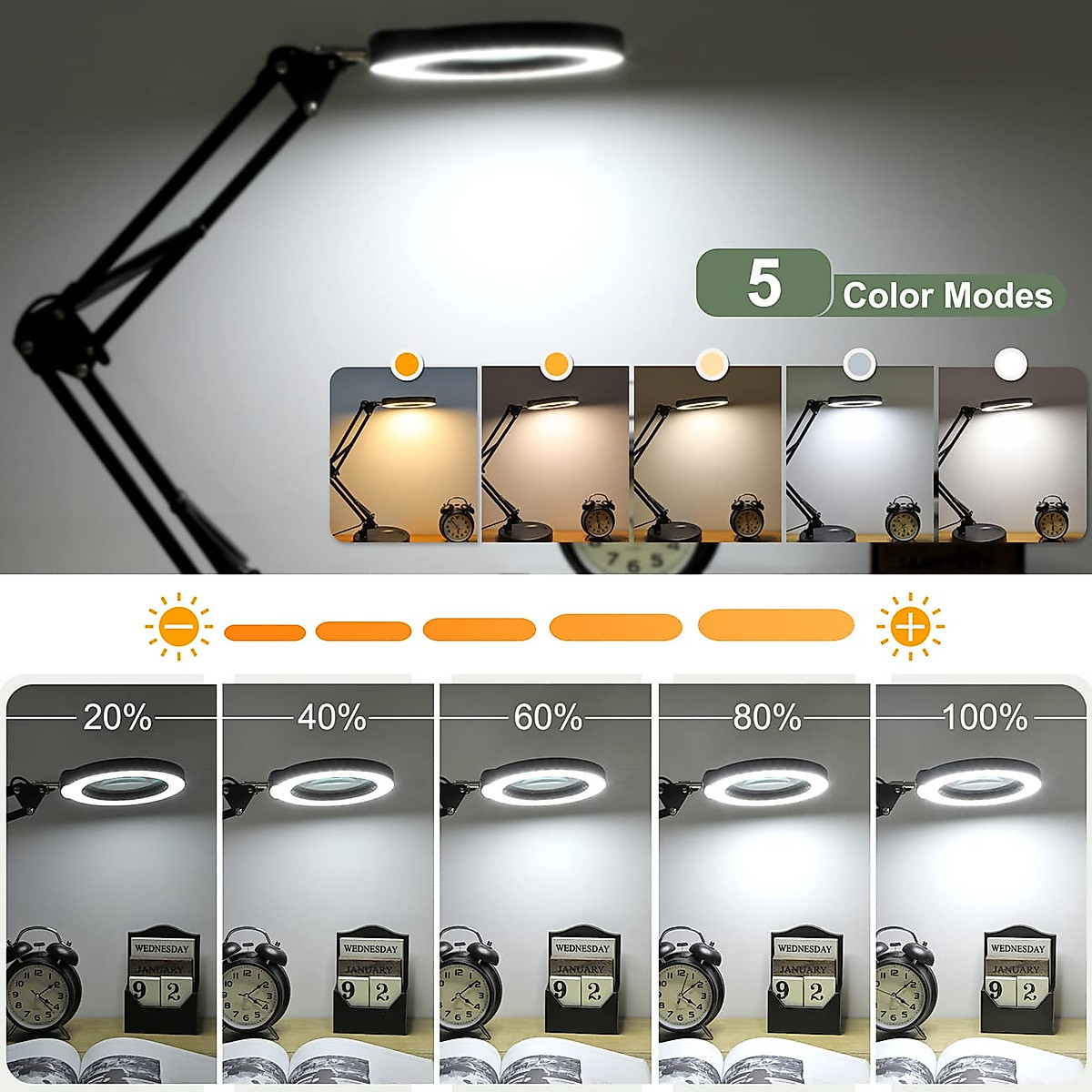 10X Magnifying Glass with Light and Stand, Upgrade Button 5 Color Modes Dimmable Lighting, Krstlv 2-in-1 LED Lighted Magnifier, Hands Free Desk Lamp with Clamp for Soldering Craft Hobby Close Work