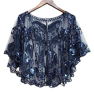 Specell Dark Blue Womens Lace Shawls And Wrap, Flapper Shawl For Women,Plus Size Sequin Shawl Wrap Gatsby Beaded Evening Cape,Flapper Bolero Shrug,1920s Womens Lace Shawl And Wraps,Wedding Dress Shawl