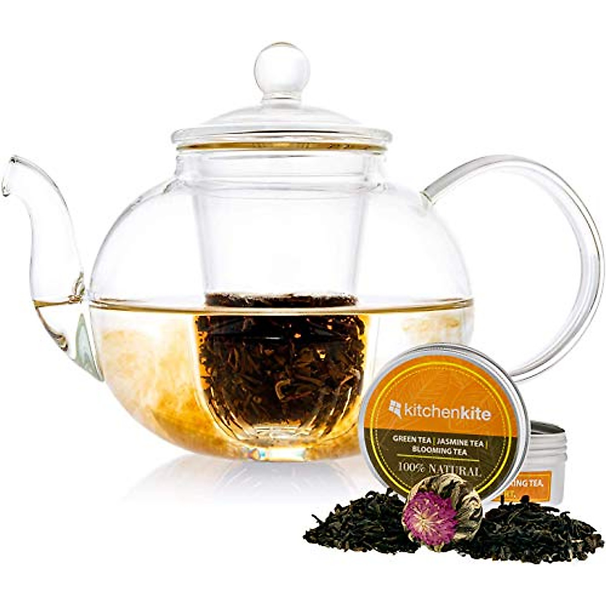 Kitchen Kite Clear Glass Teapot with Removable Glass Infuser and Lid - Glass Tea Kettle with Blooming, Loose Leaf Tea, Stovetop, Microwave & Dishwasher Safe, Tea Maker Gift Set (Holds 4-6 cups)