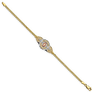 Solid 14k Yellow and White Gold Two Tone Virgin Mary Our Lady of Guadalupe Bracelet - with Secure Lobster Lock Clasp