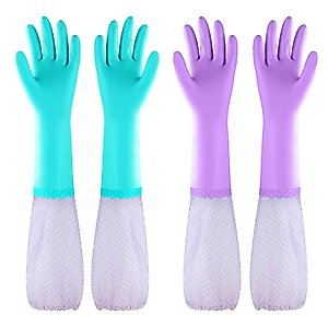 Elgood Reusable Long Sleeve Dishwashing Cleaning Gloves with Latex Free,Cotton Lining,Kitchen Gloves 2 Pairs,Purple+Blue L