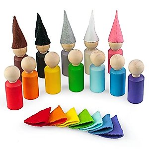 Ulanik Peg Dolls with Hats Toddler Montessori Toys for 3 Year Old + Kids Wooden Waldorf Dolls for Learning Color Sorting and Counting — 12 Gnomes, 2.36 in