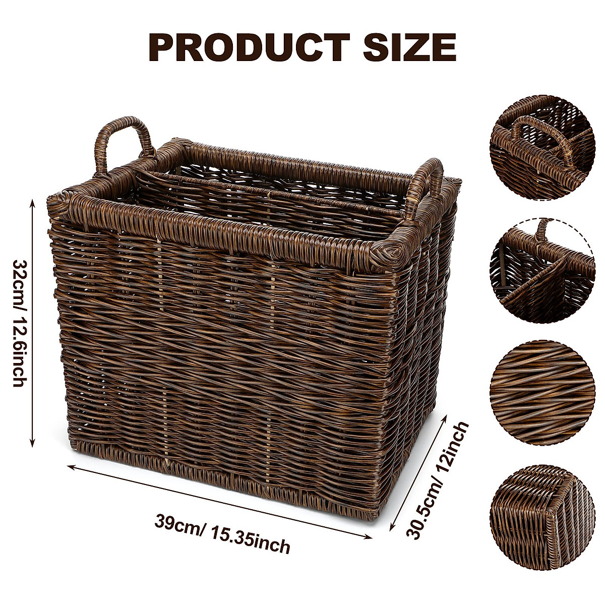 Qunclay Magazine Basket Wicker Divided Magazine Basket Rectangular Wicker Newspaper Holder, 15.4 x 12 x 12.6 Inch (L x W x H), Antique Walnut Brown