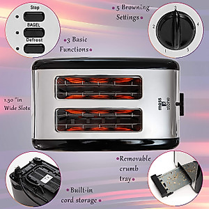 Moss & Stone 2 Slice Toaster, 1.5in Extra-Wide Slot Toaster For Bagel & Defrost with 5 Shade Settings, Bread Toaster 2 Slice With Removable Crumb Tray (black toaster)