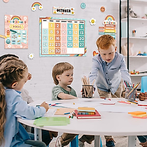 Updated 62Pcs Retro Bulletin Board Borders Classroom Decorations Calendar Season Weather Week Chart Educational Posters Retro Classroom Decor Theme Sets for Kindergarten Home School Classroom Supplies