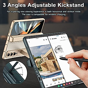 Miimall Compatible with Fold 4 Case with Pen Holder, Galaxy Z Fold 4 Case Hinge Protection Tempered Glass Screen Protector PU Leather Adjustable Kickstand Case for Z Fold 4 (Grey)