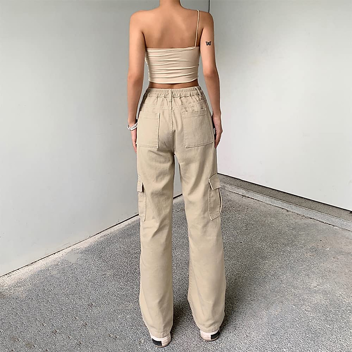 Zucige Women High Waisted Cargo Pants Y2K Baggy Stretchy Wide Leg Loose Fit Combat Military Trouser with Pocket Khaki L