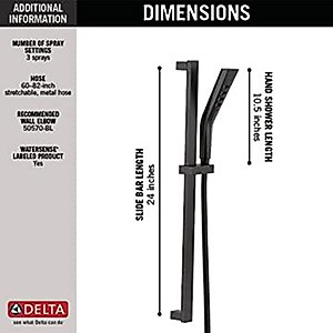 Delta Faucet 3-Spray H2Okinetic Slide Bar Hand Held Shower with Hose, Black Handheld Shower Head, Slide Bar Hand Shower, Handheld Shower, Detachable Shower Head, Matte Black 51799-BL