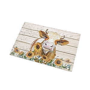 Fluffy Bath Rug Cow Sunflower Farm Flowers Animals Plank,Non Slip Shag Carpet Soft Floor Door Mat Pastoral Country Farmhouse,Absorbent Entrance Rugs for Kitchen Bathroom Living Room 24x35in
