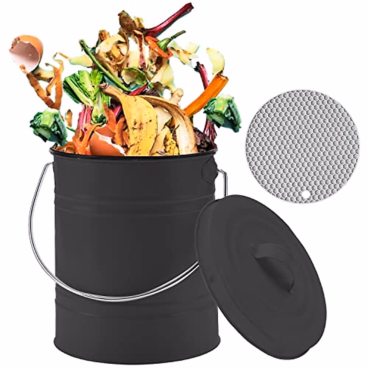 Compost Bin, LALASTAR Countertop Compost Bin with Lid, Kitchen Compost Container, Odorless Compost Bucket for Kitchen Food Waste with Carrying Handle, 1 Gallon, Black