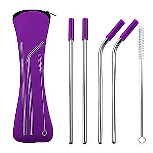 Connoworld Reusable Stainless Steel Straws Kit Tools, Includes 2 Straight Drinking Straws + 2 Bent Drinking Straws + 1 Cleaning Brush + 4 Detachable Silicone Tips Covers Purple