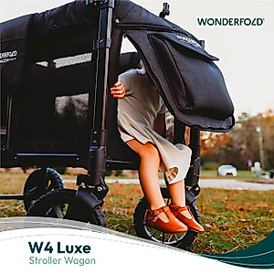 WONDERFOLD W4 Luxe Stroller Wagon (4 Seater) - Collapsible Wagon Stroller with Seats with Magnetic Buckle 5-Point Harnesses & Sun Canopy, Elite Black Camo