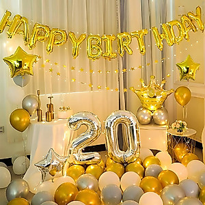 23pcs Birthday Balloons Banner, 3D Gold Premium Mylar Foil Ecofriendly Letter Happy Birthday Banner with 5pcs Star Balloons Kits for Kids Girls Boys Men Adults Birthday Party Decorations Supplies