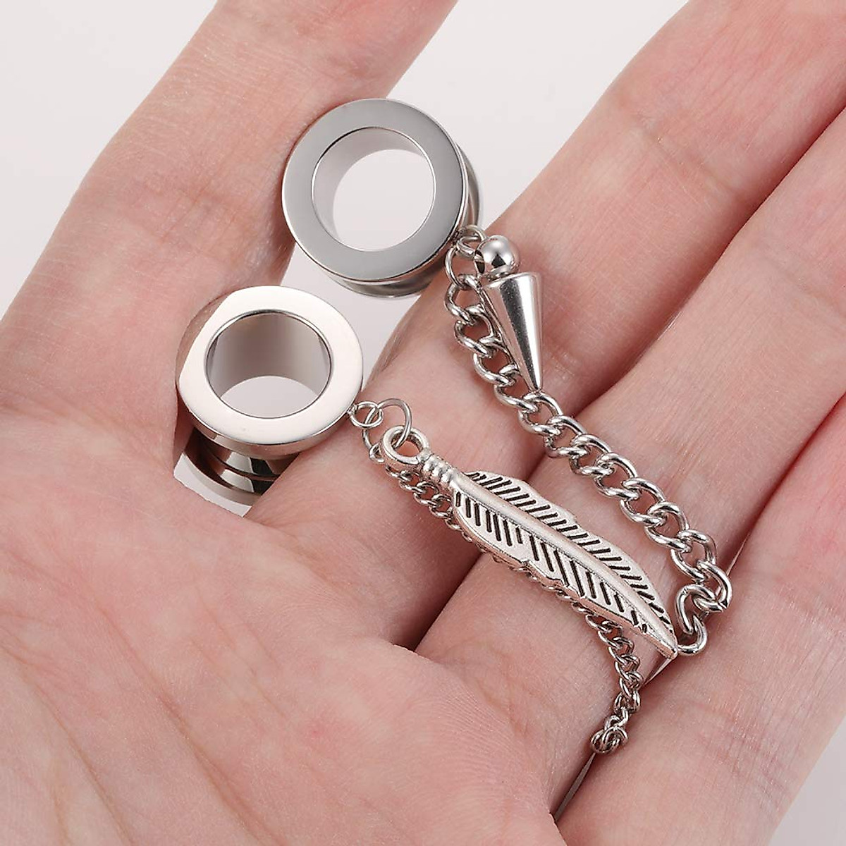 ZS 4 Pieces Feather Chain Dangle Ear Gauge Surgical Steel Ear Tunnel Cross Ear Stretching Piercing 4g - 7/8 inch (Gauge=00g(10mm))