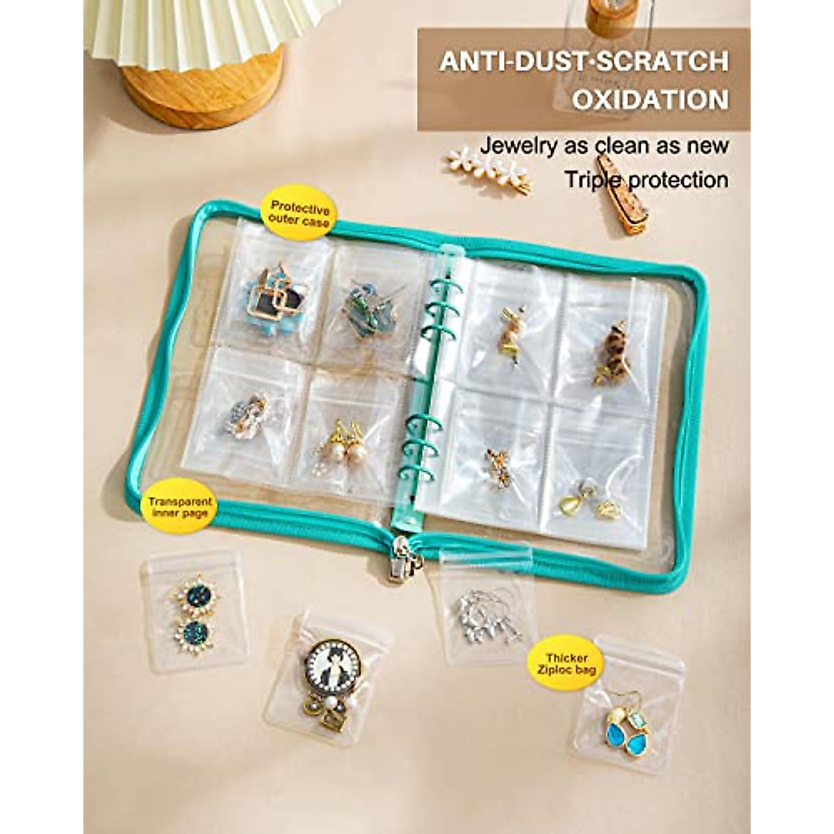 CATIFLIN Earring Organizer Travel Jewelry Case Container Transparent Jewelry Storage Book for Bracelet, Ring, Necklace, Stud, pin (96 Grids + 100 Small Thicken PVC Zipper Bags, Turquoise)