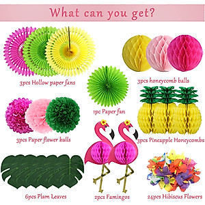 Flamingo Party Supplies, Luau Party Decorations Topical Flamingo and Pineapple Honeycomb Balls Paper Fans Pom Poms Flowers Hibiscus Flowers for Hawaiian Birthday Beach Bachelorette Party
