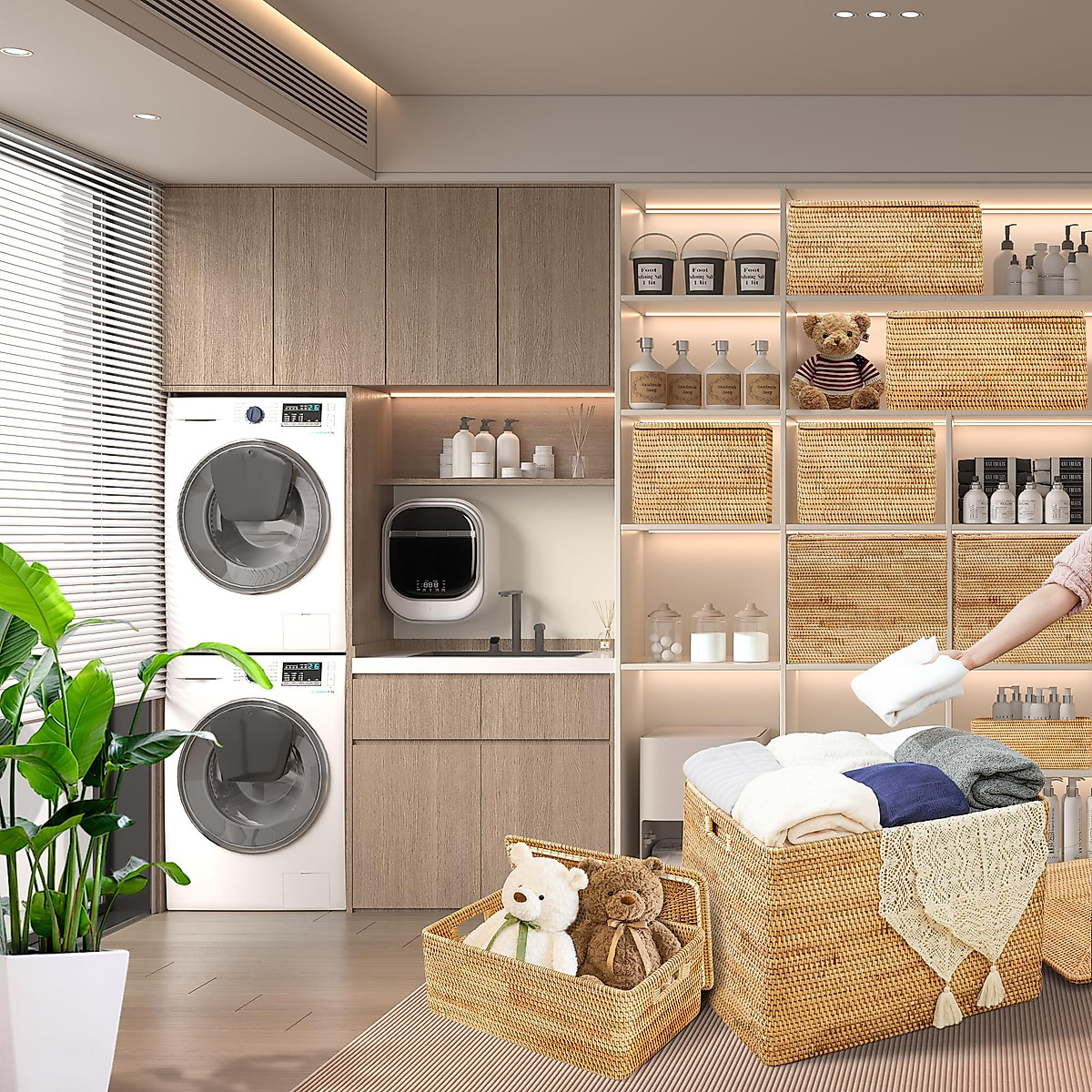 Peslran Rattan Basket With Lid,Large Storage Basket Lidded,Rattan Box For Shelf (18" L×12" W×7" H)