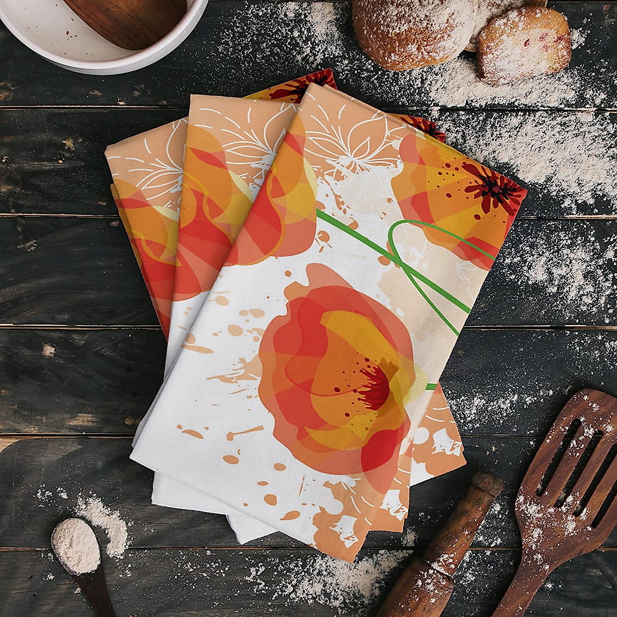 Kitchen Dish Towels 2 Pack-Super Absorbent Soft Microfiber,Orange Poppy Flower Poppy Cleaning Dishcloth Hand Towels Tea Towels for Kitchen Bathroom Bar