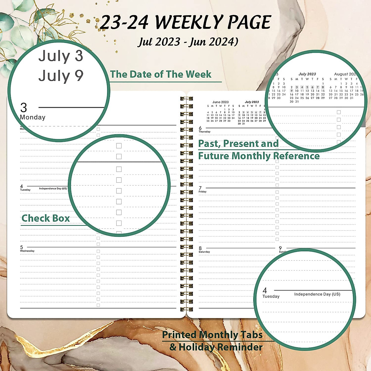 Academic Planner 2023-2024, July 2023 - June 2024, Weekly Planner, 8'' x 10'', Monthly Tabs, Holidays, Twin-wire Binding, Thick Paper, Check Boxes, Flexible Cover