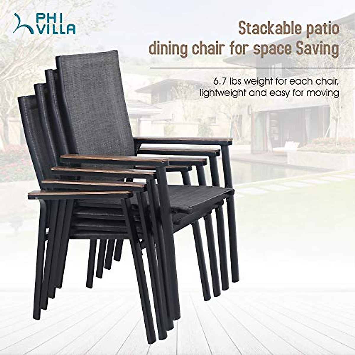 PHI VILLA Patio Stackable Dining Chairs, Lightweight Aluminum Outdoor Sling Chairs with Extra Wide Seat & Wood-Like Armrest, Stackable Space Saving Garden Lawn Chairs for All Weather, Set of 2
