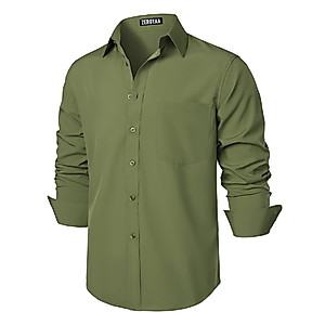 ZEROYAA Men's Regular Fit Dress Shirt Solid Wrinkle-Free Long Sleeve Casual Business Button Up Shirts with Pocket ZSSCL05-Army Green Medium