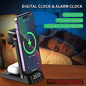 Fast Wireless Charger,4 in 1 Wireless Charging Station with Alarm Clock Compatible with iPhone 14/13/12/11/Pro/Max/XS/XR,Phone Charger Stand Dock for Apple Watch and Airpods(with 20W Adapter)