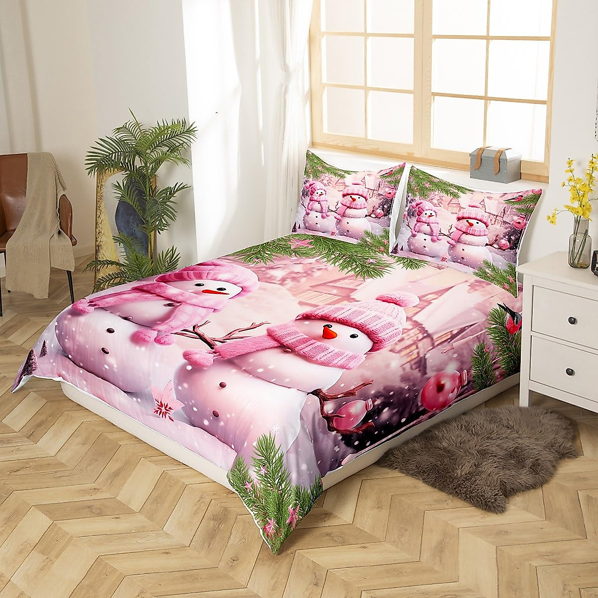 Manfei Cute Snowman Bedding Set for Kids Girls Girly Pink Scarf Comforter Cover Winter Style Snow Duvet Cover Kids Girls Room Decor Happy New Year Bedspread Cover Queen Bedding Collection 3Pcs