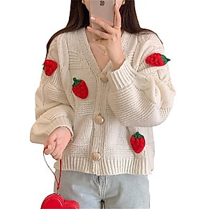 Womens Kawaii Strawberry Knit Cropped Sweater Cute Cardigan Aesthetic for Teen Girls Floral Y2k Korean School Uniform Jacket