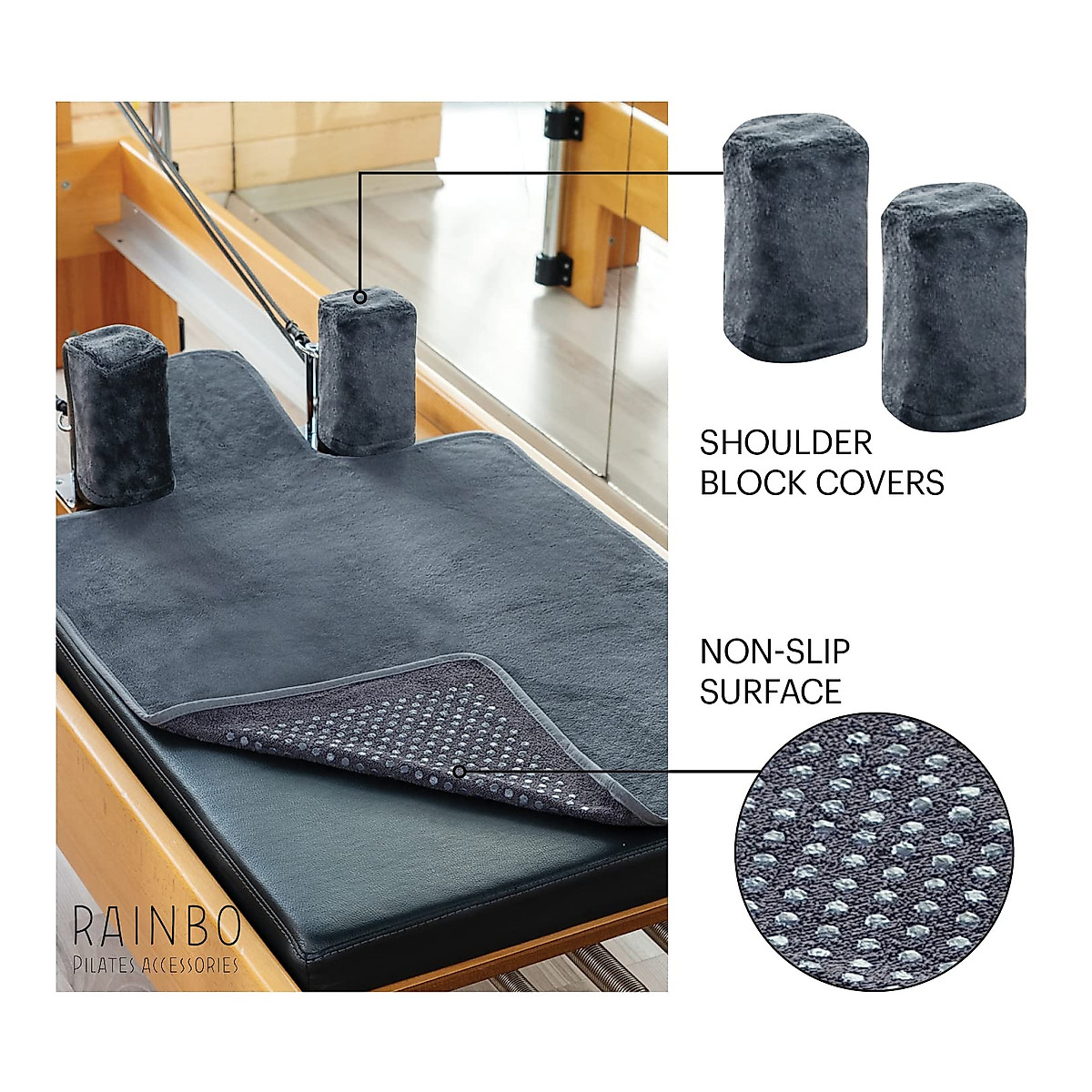 Pilates Reformer Non-Slip Mat Towel (Included 2 Pcs Shoulder Block Covers) (DARK GREY)
