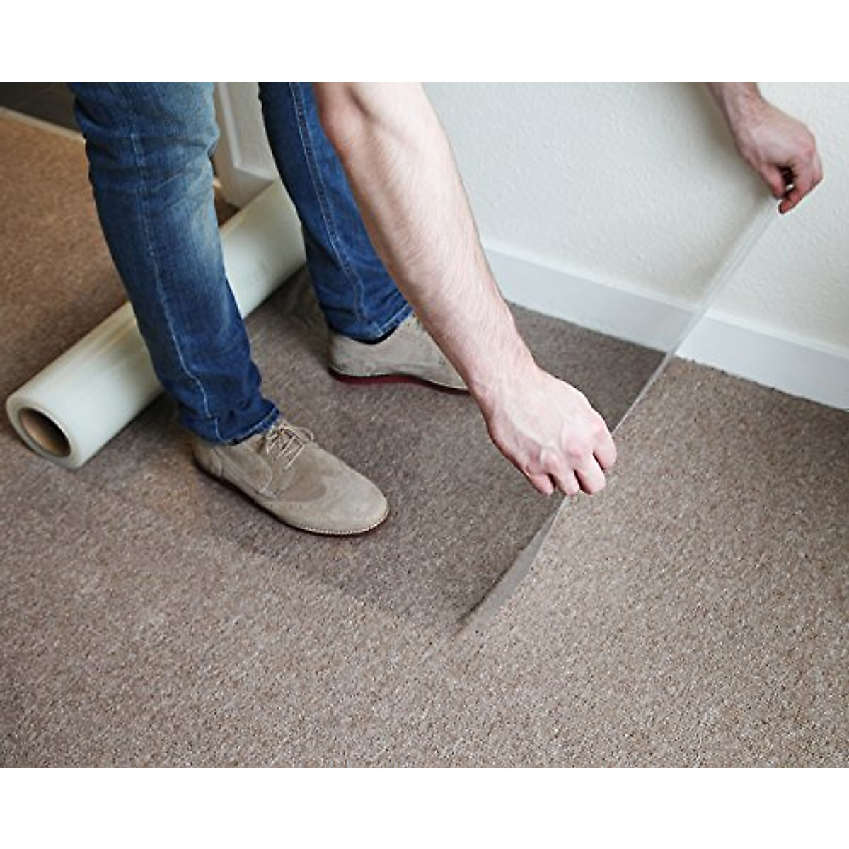 Kenley Carpet Protection Film - Self Adhesive Plastic Carpet Protector Film - Heavy Duty Shield Covering for Stairs Floor Runner Surface - Puncture & Water Resistant Sticky Protection Roll (36"x200')
