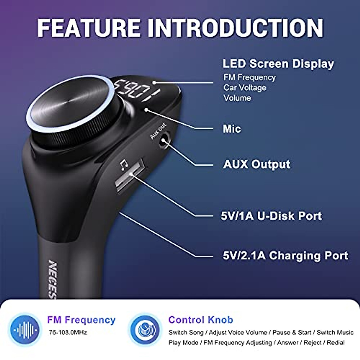 FM Transmitter Car Bluetooth 5.0,NECESPOW QC3.0 USB Charger w/AUX Cable, Hands-Free Car Radio Adapter Supports AUX & U Disk, Wireless Call for iOS and Android Devices