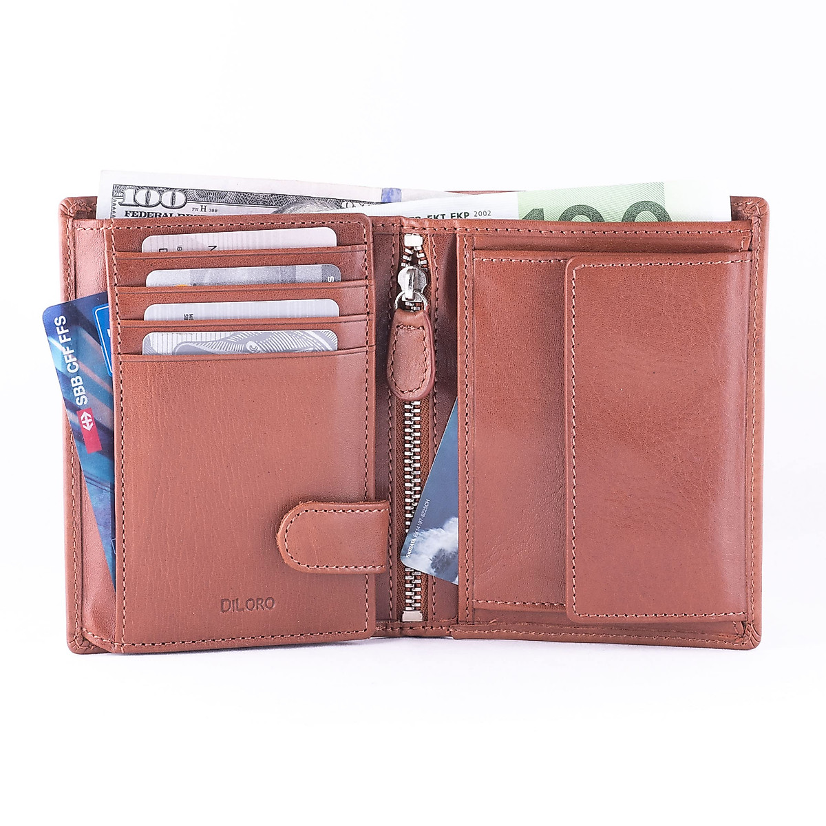 DiLoro Mens Full Size Large Capacity Genuine Full Grain Leather Wallet Bifold Flip ID Coin & Zip Pockets RFID Blocking Anti-Theft (Bugatti Tan)