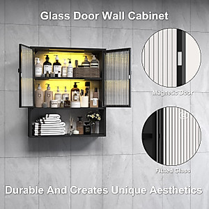 OSEILLC Bathroom Cabinet Wall Mounted, Metal Bathroom Wall Cabinet with Glass Doors and Lights, Black Bathroom Storage Cabinet, Over The Toilet Cabinet, Bathroom Medicine Cabinets