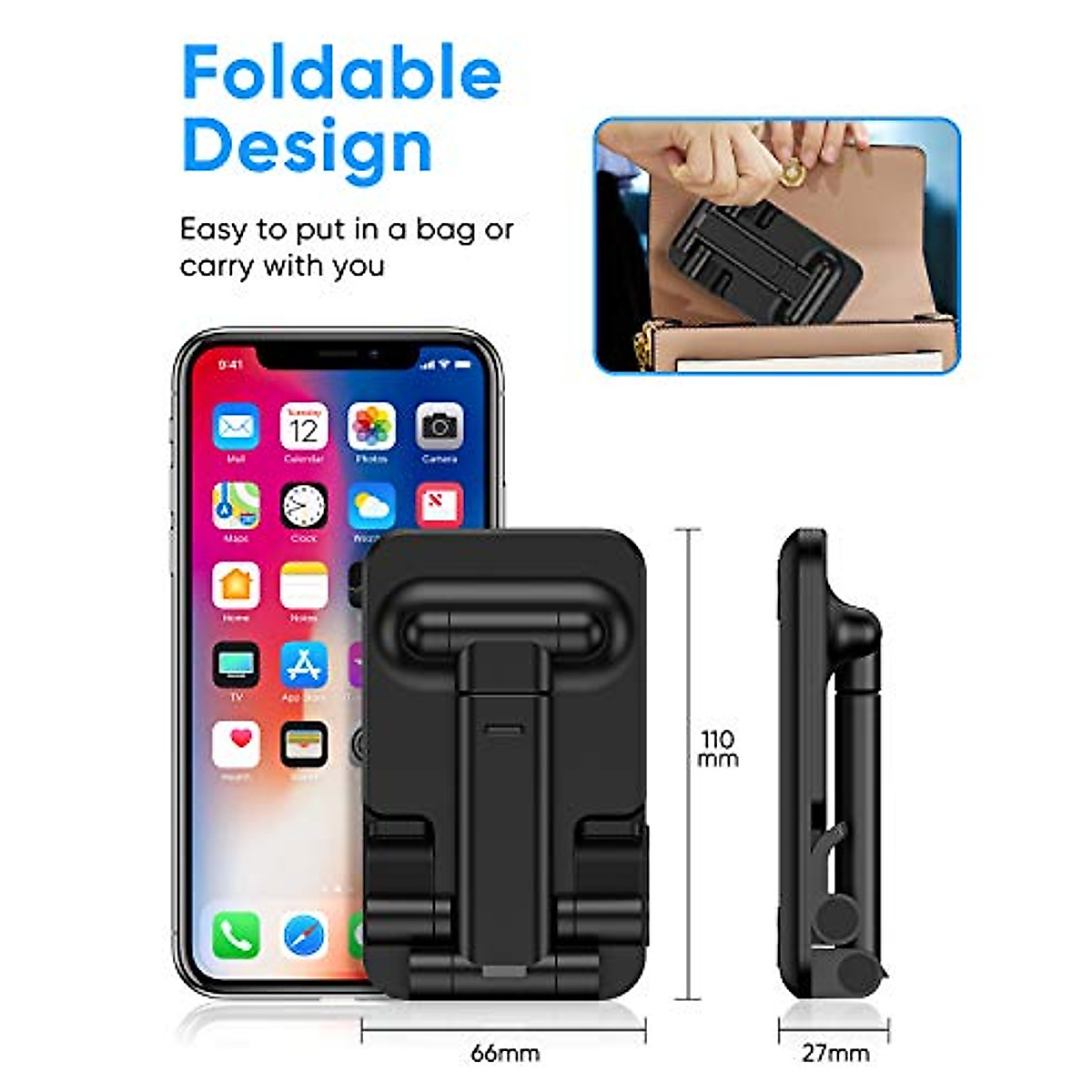 Adjustable Cell Phone Stand, Foldable Phone Holder Tablet Stand for Desk, Angle Height Adjustable Cell Phone Stand Compatible with Phone 11 Pro Xs Xs Max Xr, Mini,Tablets (Black)