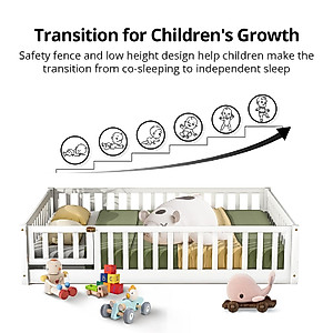 i-POOK Twin Floor Bed for Children, Sturdy Wood Montessori Bed Frame with Wood Slats, Fence & Door, Montessori Floor Bed for Girls and Boys, White