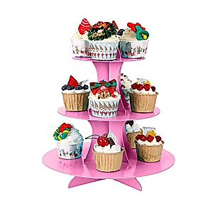 YLDW 2Pcs 3-Tier Cupcake Stand, Cake Stand Holder, Tiered DIY Cupcake Stand Tower for Dessert Table Displays, Birthday Theme Party Favors Decoration, Floral Tea Party, 12" W x 12.8" H, Pink