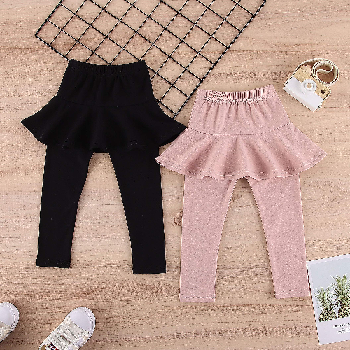 MODNTOGA Kids Baby Girls Footless Leggings with Ruffle Tutu Skirt Pants 2-7Years (Pink + Black, 4-5T)