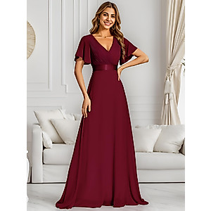 Ever-Pretty Women's Classic Chiffon Short Sleeve Pleated V-Neck Floor Length Bridesmaid Dresses Burgundy US14