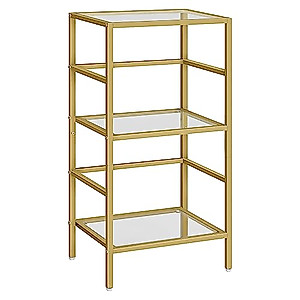 HOOBRO 3-Tier Bookcase, Tempered Glass Bookshelves, Record Storage Rack with Side Fence, Gold Bookshelf, Slim Shelving Unit for for Living Room, Bedroom, Home Office, Gold GD81CJ01