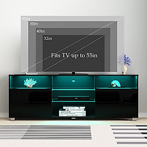 High Glossy LED Black TV Stand for 55/60/65 inch TV,Modern LED Entertainment Center with Adjustable Storage Shelves,Game Console Entertainment Center,TV Table Media Furniture (47inch, Black)