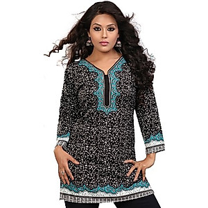 Maple Clothing Women's Short Kurti Kurta Printed Top India Tunic (Black/Turquoise, 5XL)