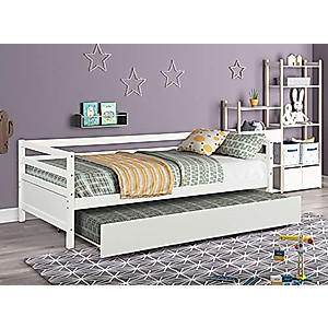 Hanway Twin Daybed with Trundle – Pine Wood Material Bed Frames – Elegant Furniture for Compact Rooms – Bedroom Accessories Ideal for Small Living Spaces – Classic White Paint Coating
