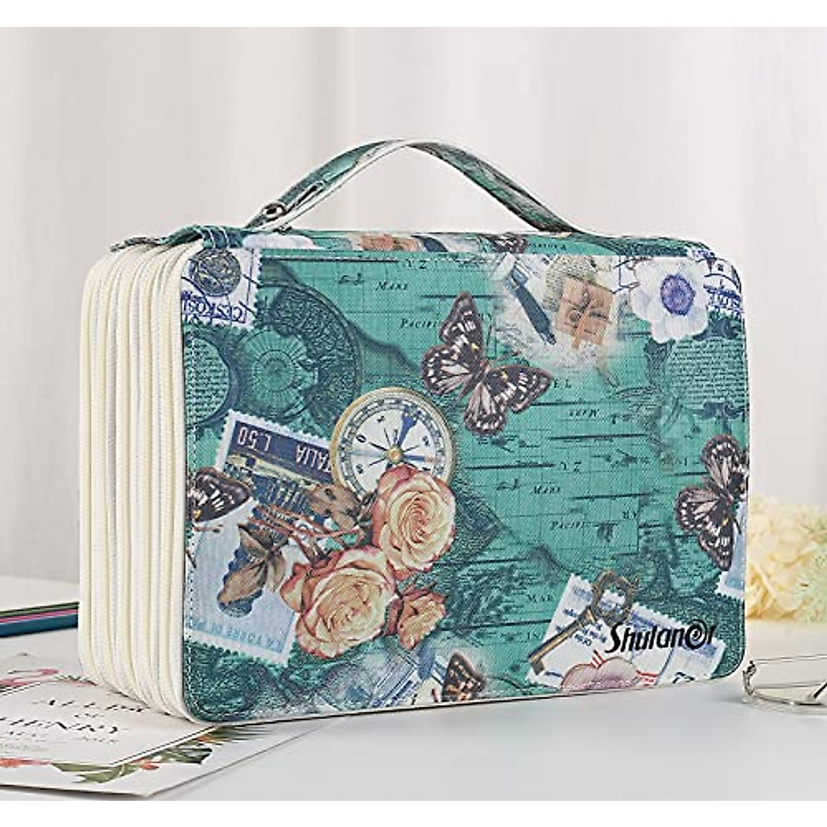 Shulaner 250 Slots Colored Pencil Case with Zipper Closure Large Capacity Retro Style Element Pattern Pencils Bag Waterproof 840D PVC Fabric Pen Organizer Storage Holder for Artist