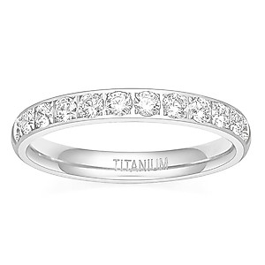 TIGRADE 3mm Women Titanium Engagement Ring Half Cubic Zirconia Eternity Wedding Band Size 3-13, Silver, Size 7